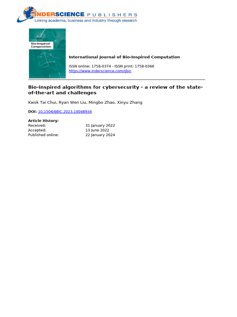 Chui Et Al 2024 Bio Inspired Algorithms For Cybersecurity A Review of The State of The Art and ...