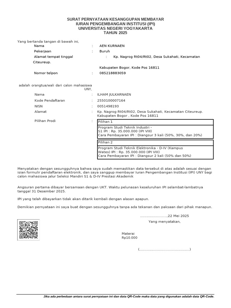 Cetak Form Ipi UNY ILHAM | PDF