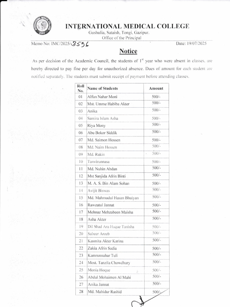 Student Fine Notice for Absences | PDF