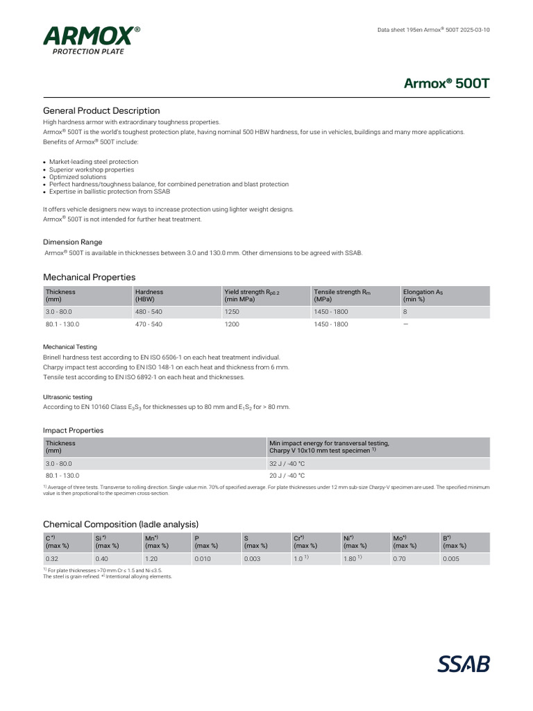 Armox 500T Steel Datasheet | PDF | Hardness | Engineering Tolerance