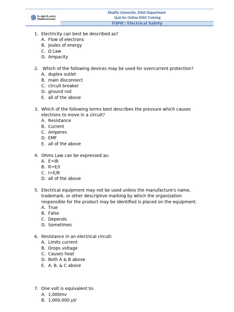 Electrical Safety Quiz Overview | PDF | Volt | Electric Current