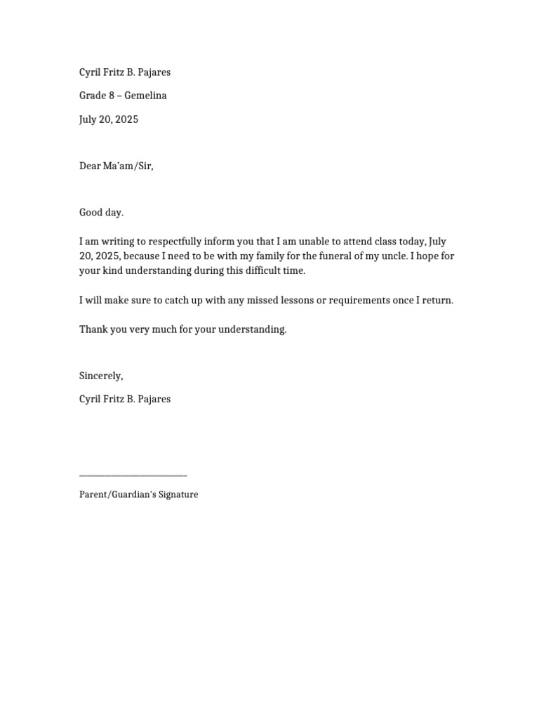Excuse Letter With Parent Signature | PDF