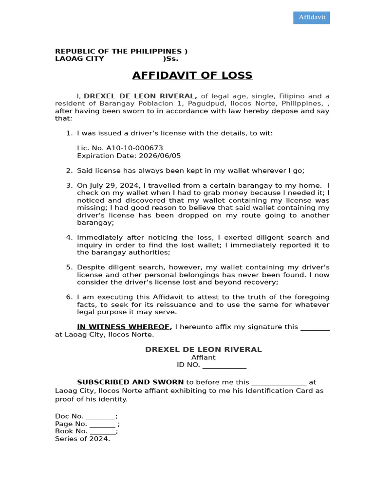 Affidavit of Loss License Molina | PDF