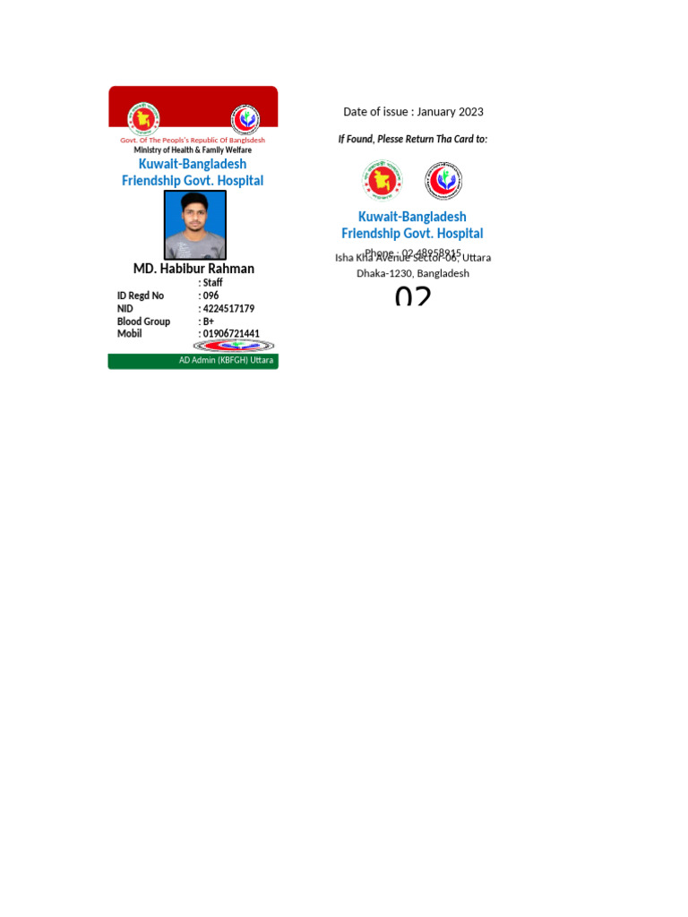 Kuwait-Bangladesh Hospital Staff ID Card | PDF