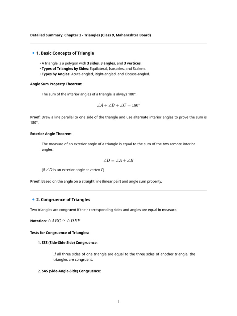 Class 9 Triangle Concepts Summary | PDF | Triangle | Perpendicular