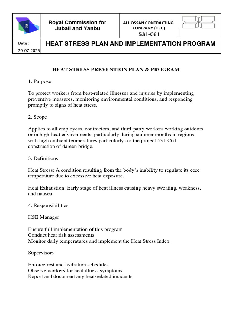 Heat Stress Prevention Plan 531-C61 | PDF | Hyperthermia | Occupational ...