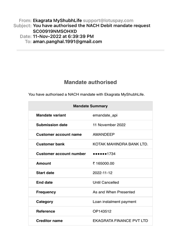You Have Authorised The NACH Debit Mandate Request SC00919NMSOHXD | PDF