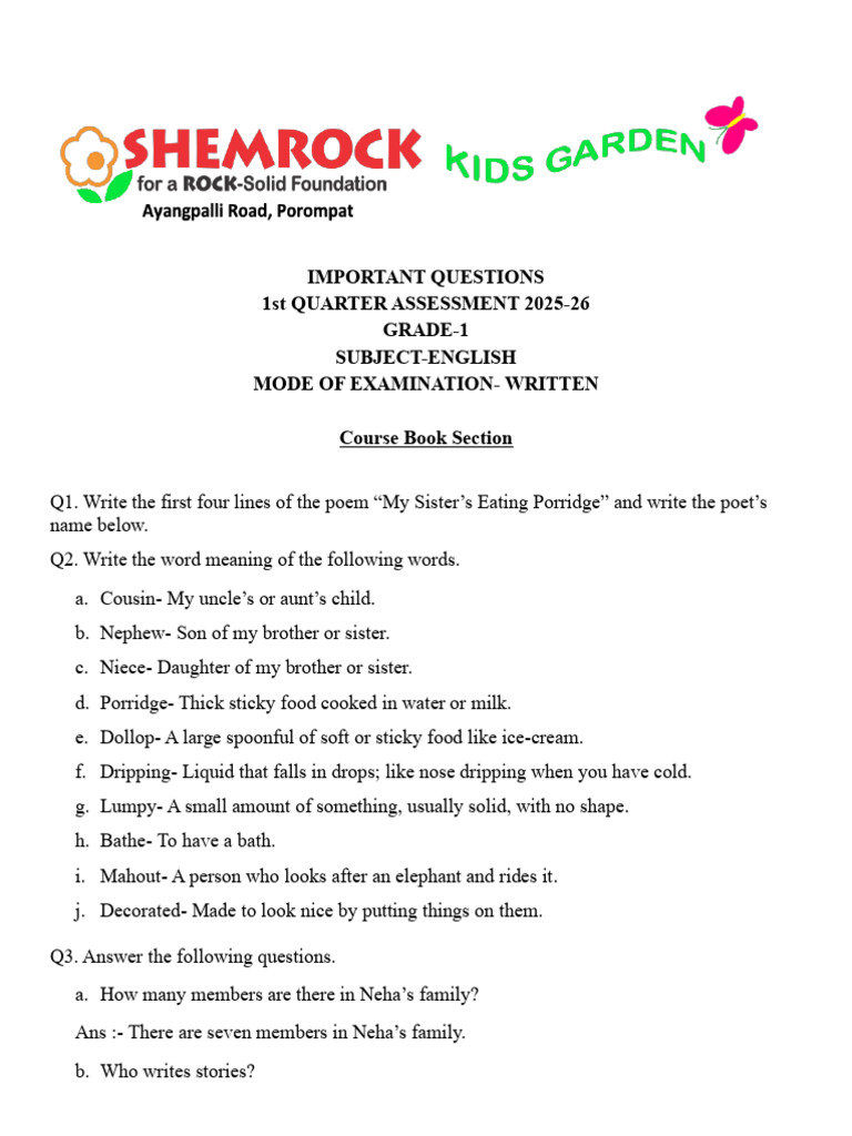 GRADE-1 ENGLISH IMPORTANT QUESTIONS 1st QUARTER 2025-26 (3) Final | PDF