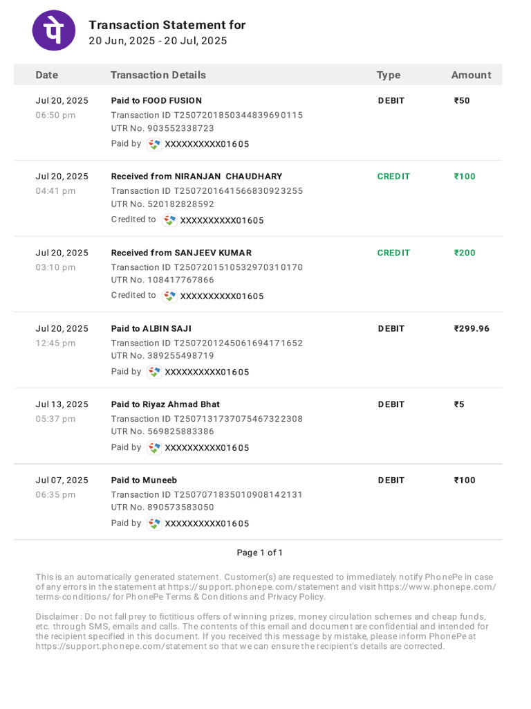 PhonePe Statement Jun2025 Jul2025 | PDF | Debit Card | Service Industries