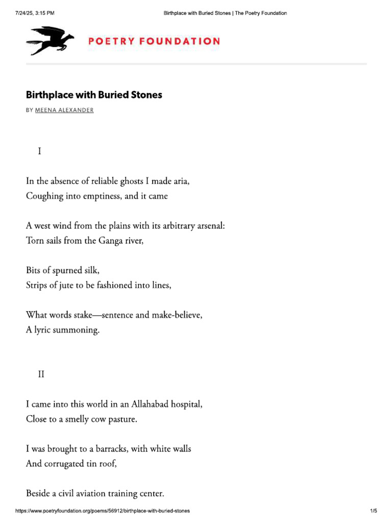 Birthplace With Buried Stones by Meena Alexander | PDF
