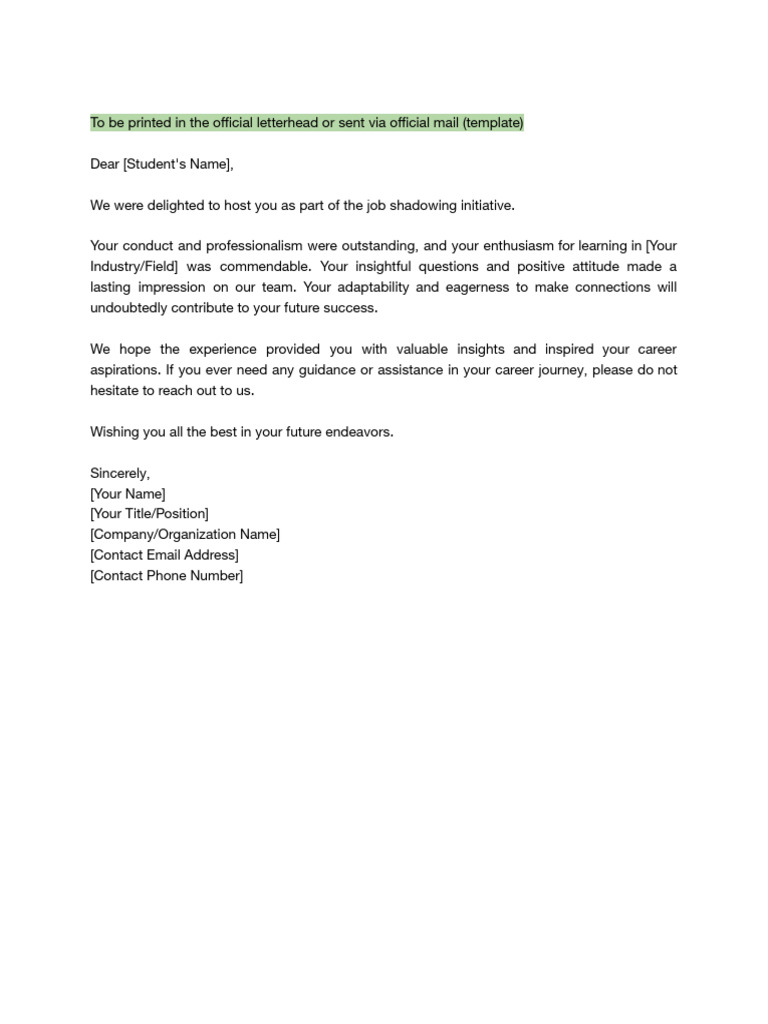 Job Shadowing Day - Letter of Recommendation - Template | PDF