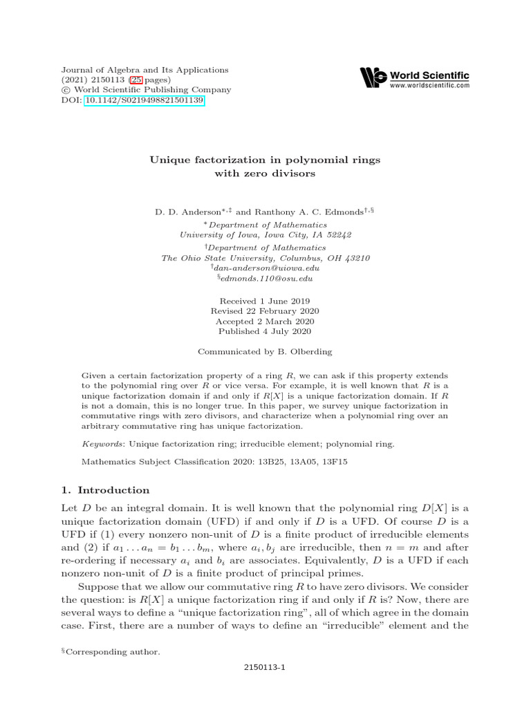 Unique Factorization in Zero Divisor Rings | PDF | Factorization | Ring ...