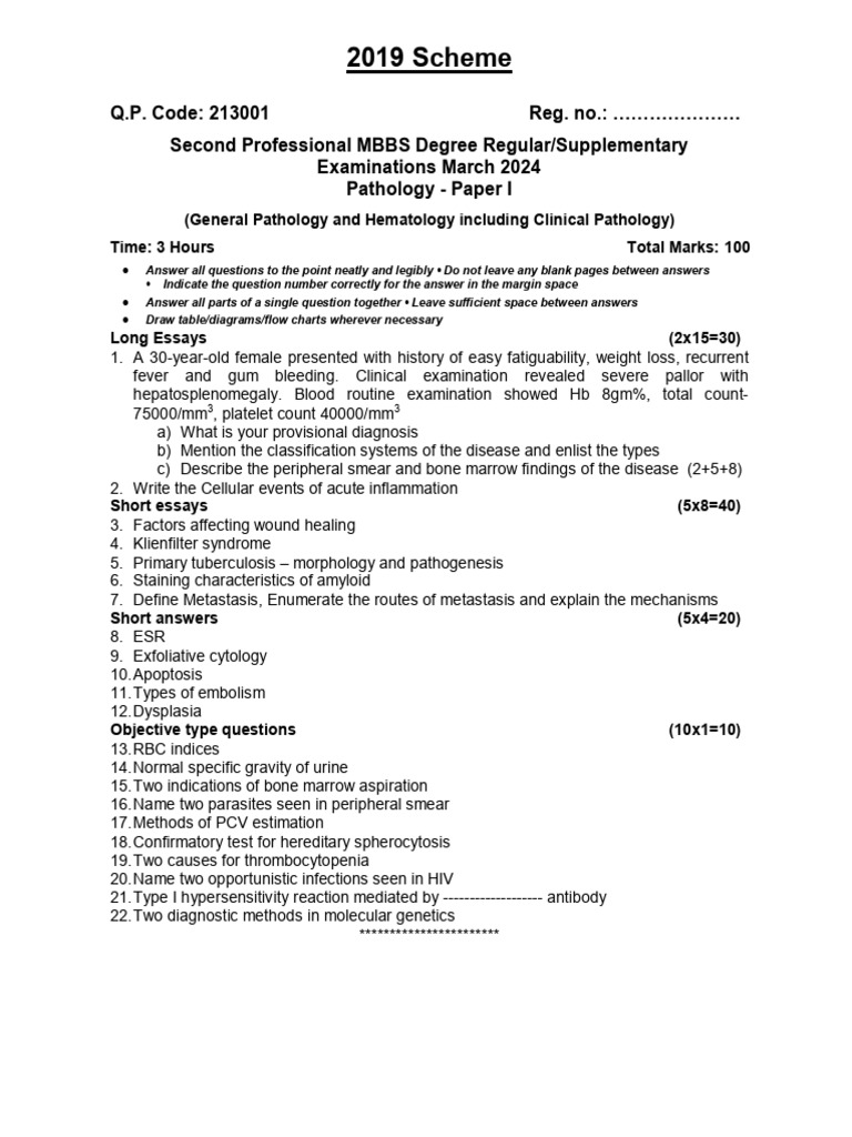 MBBS Pathology Exam Paper March 2024 | PDF | Pathology | Diseases And ...