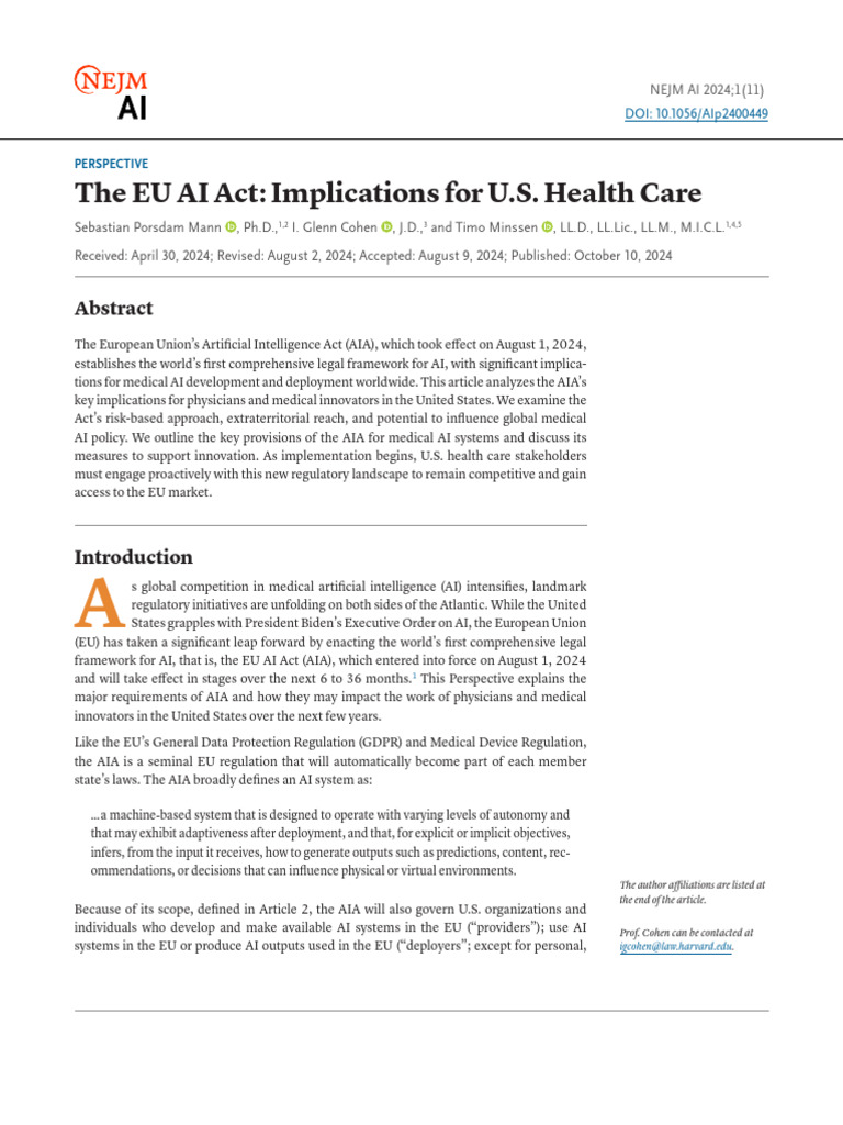 EU AI Act's Impact on U.S. Healthcare | PDF | Artificial Intelligence ...