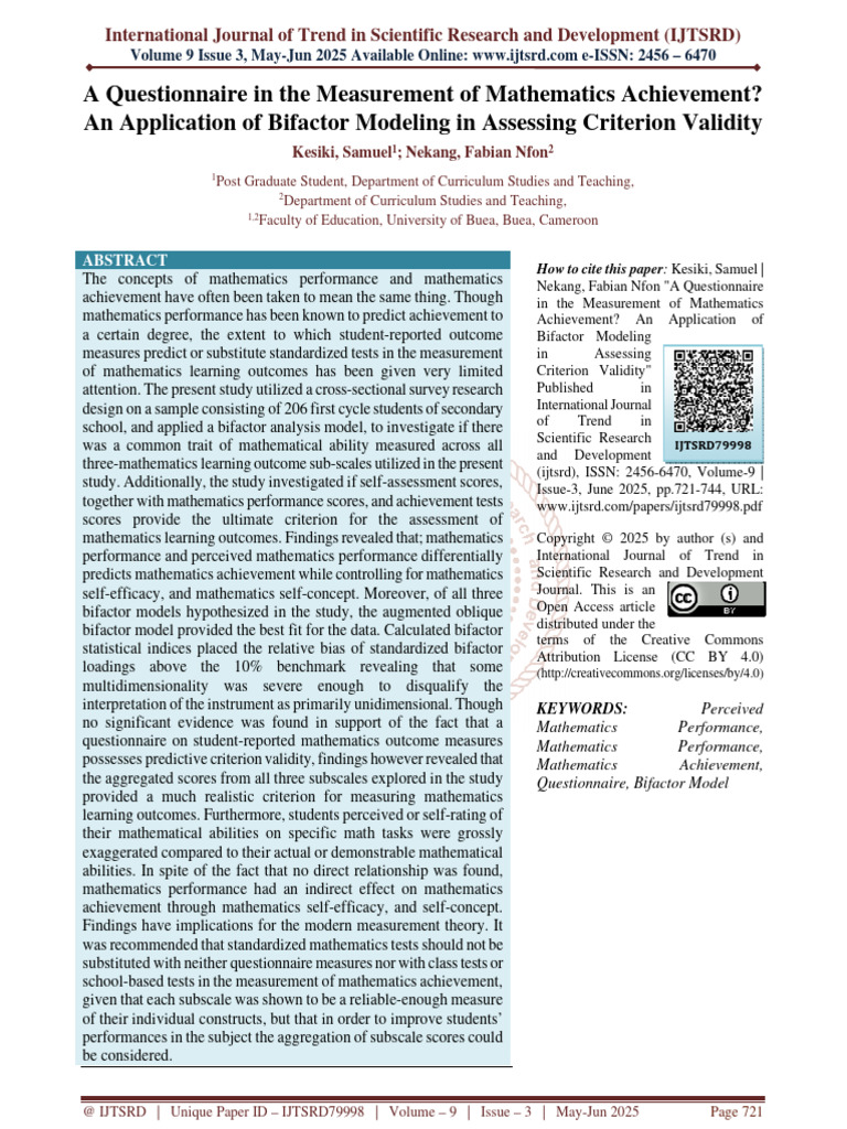 A Questionnaire in The Measurement of Mathematics Achievement An Application of Bifactor ...