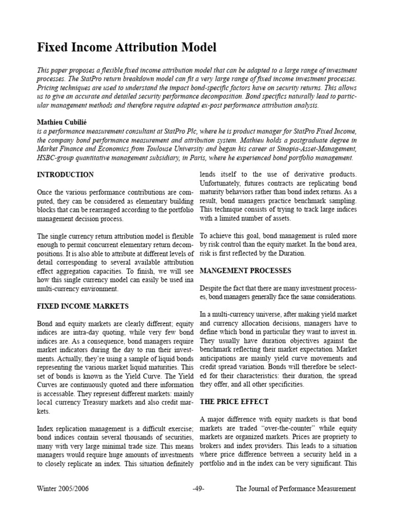 Fixed Income Attribution Model (债券投资组合归因分析方法和模型) | PDF | Bonds (Finance ...