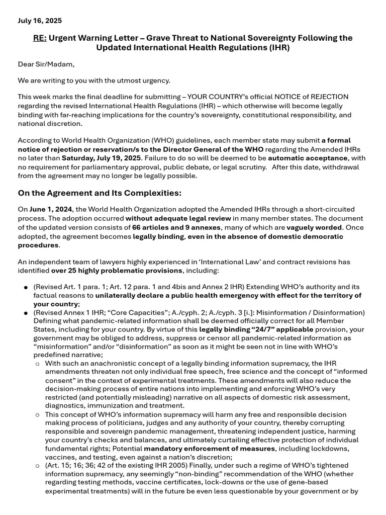 Letter Requesting Urgent Action To Reject The IHR Amendments by July 19 ...