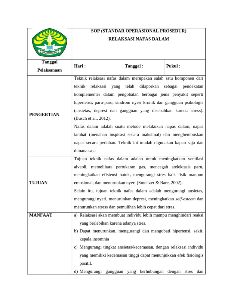 SOP Terapi Relaksasi Nafas Dalam | PDF