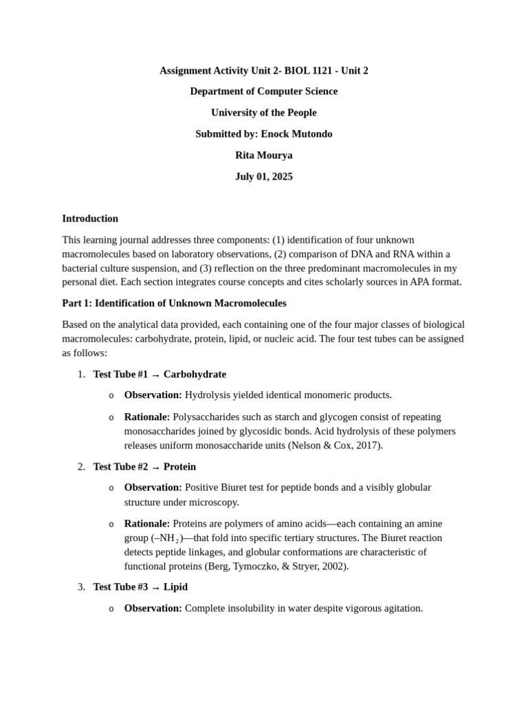Assignment Activity Unit 2 | PDF | Rna | Dna
