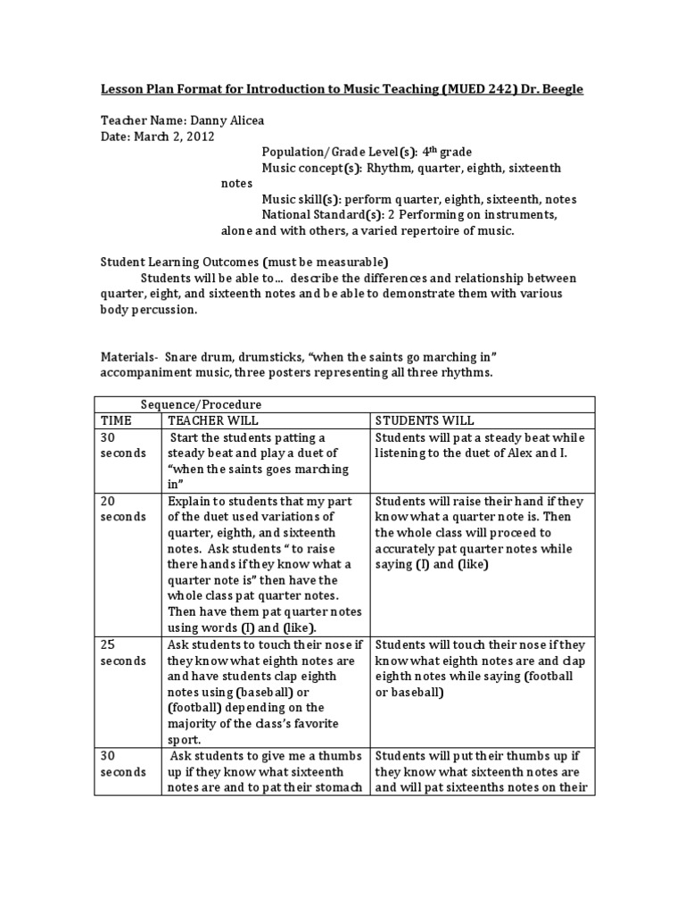 Lesson Plan Format For Introduction To Music Teaching (MUED 242) Dr ...