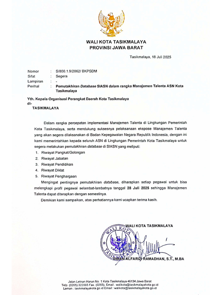 Surat Pemutakhiran Database SIASN | PDF