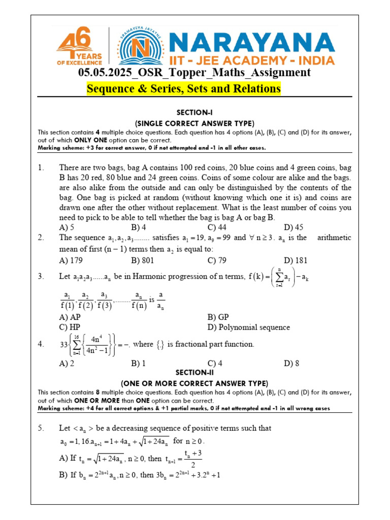 Osr - Toppers (Top-100) Maths - Assignment - Sequence and Series, Sets & Relations | PDF ...