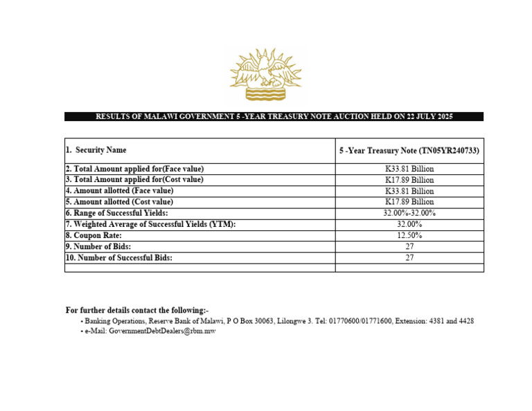 Results of 5 Year Treasury Note Auction Held On 22 July 2025 | PDF