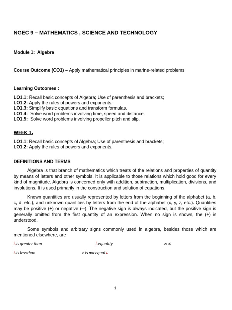 Module 1 - Ngec9 New Sy25-26 | PDF | Equations | Division (Mathematics)