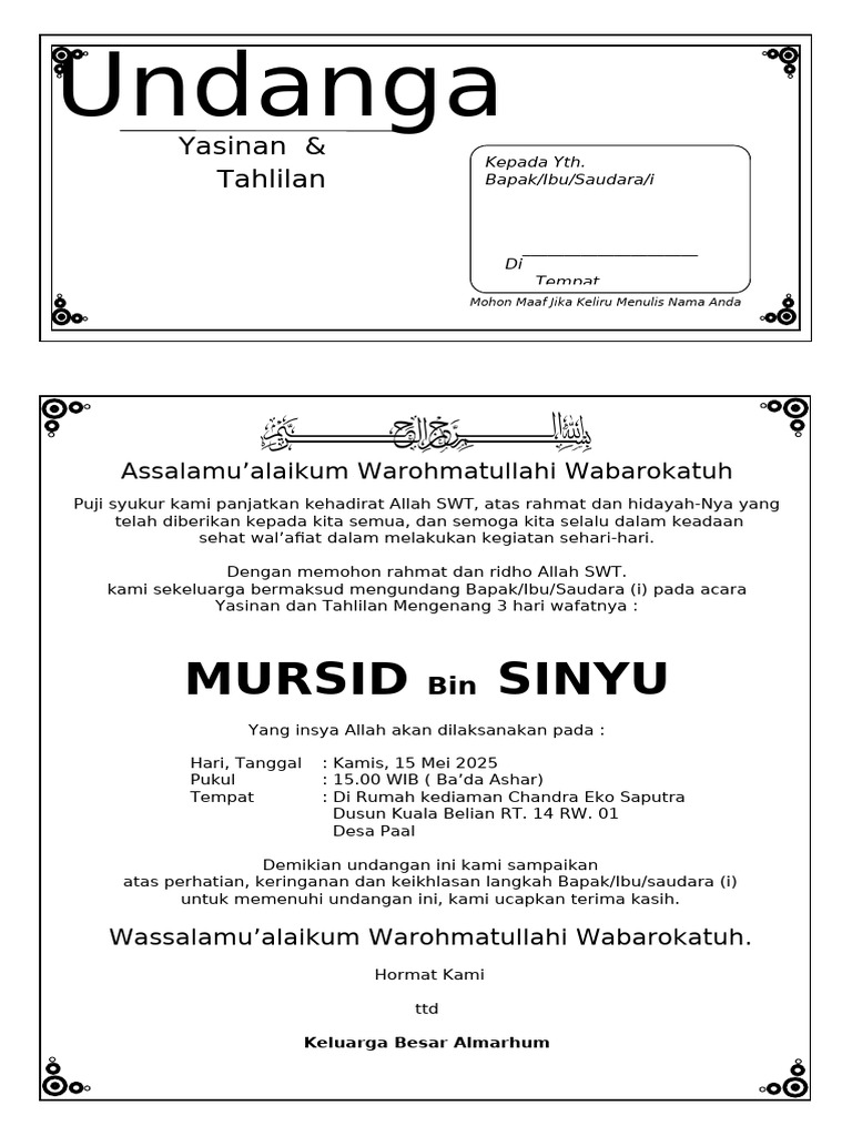 UNdangan Tahlil Dan Yasin Template | PDF