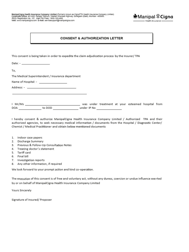 Insurance Claim Authorization Consent | PDF