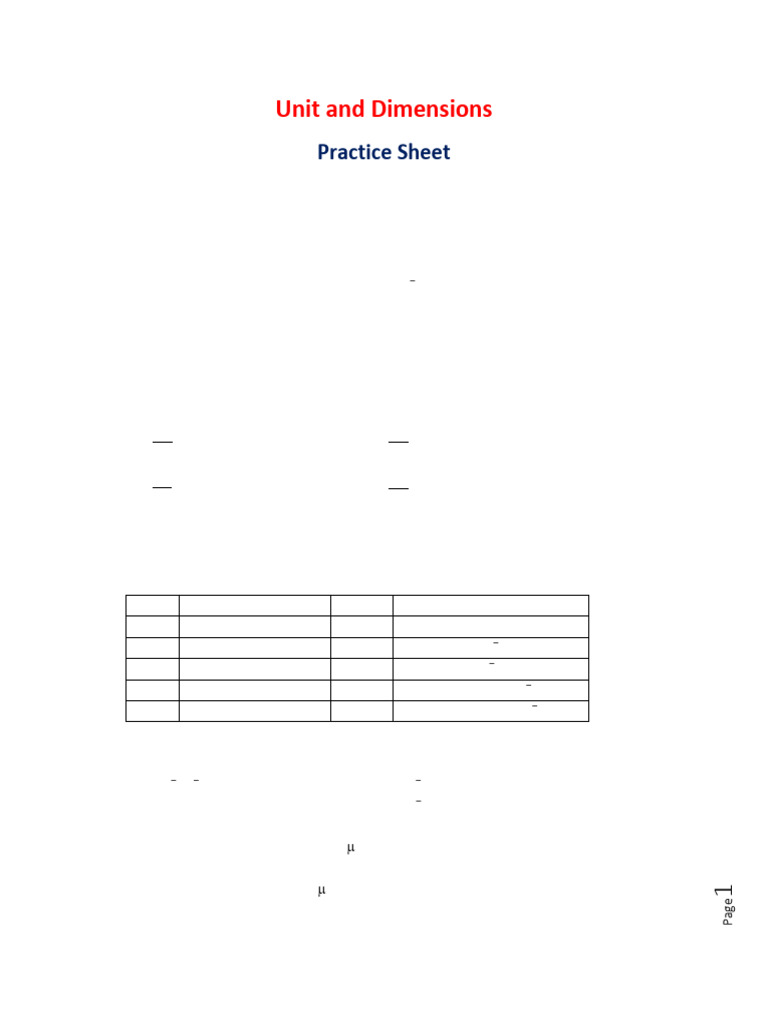Unit and Dimensions Practice Sheet | PDF | Quantity | Physical Quantities