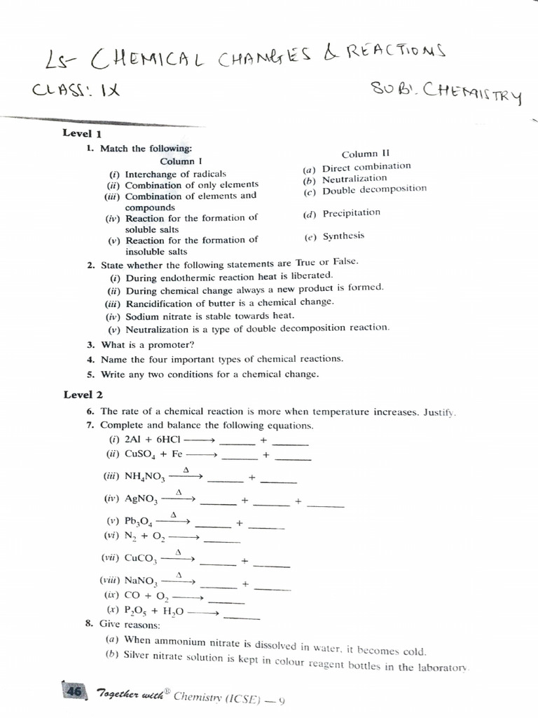 Chemical Changes & Reactions Class Ix | PDF | Chemical Reactions ...