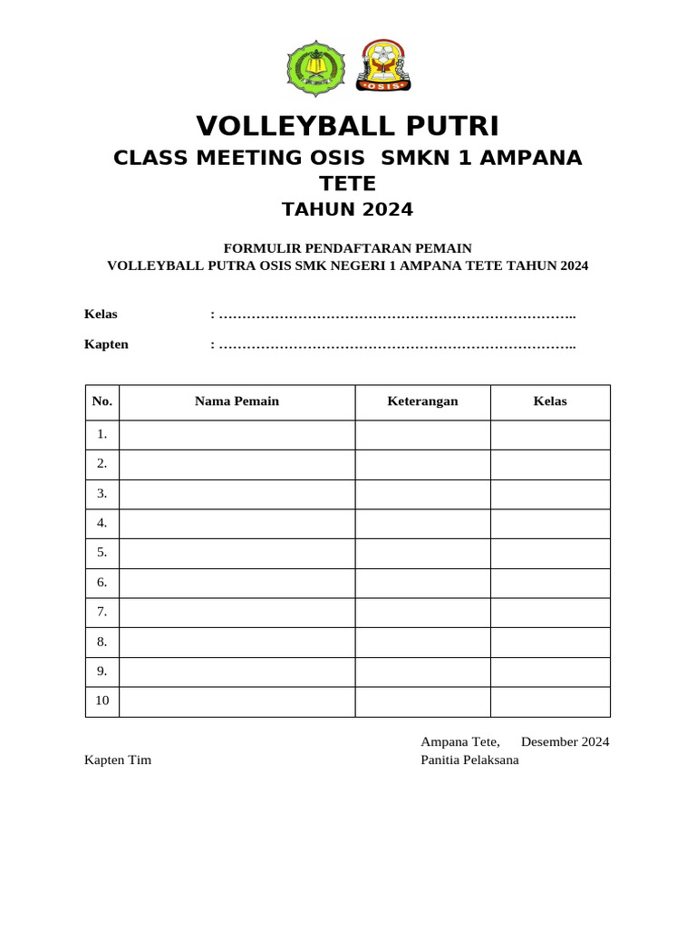 Formulir Pendaftaran VolleyBall 2024 | PDF