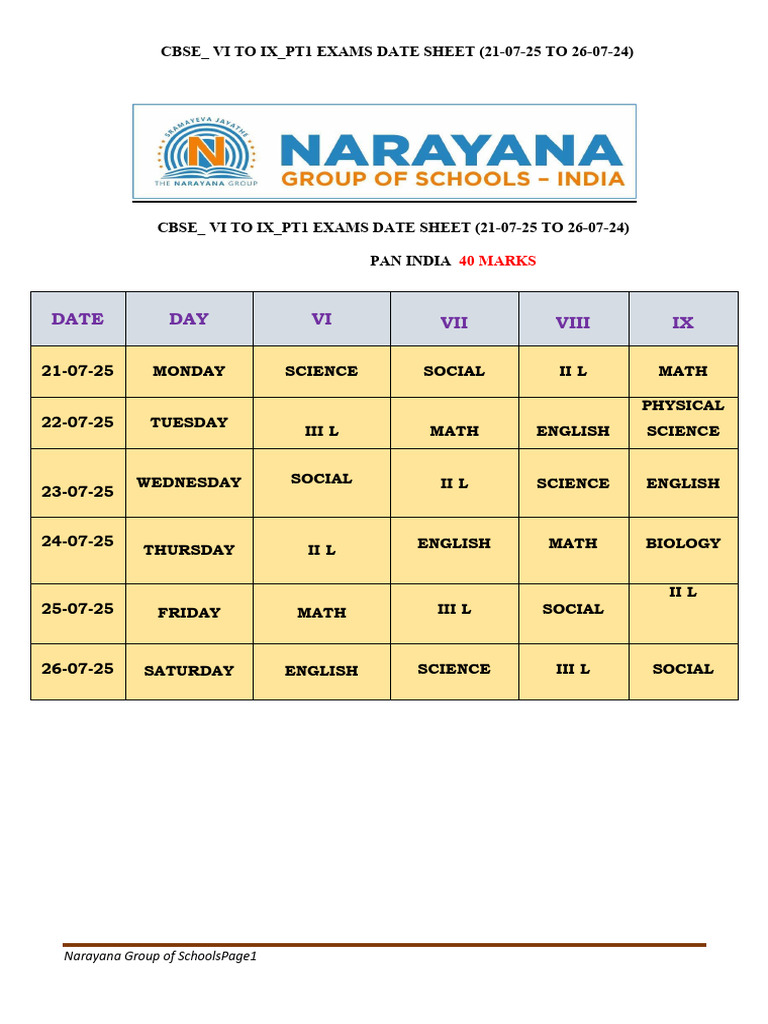 Ap TG Ka TN Od MP CHG Cbse Vi - Ix PT1 Date Sheet 2025-26 | PDF