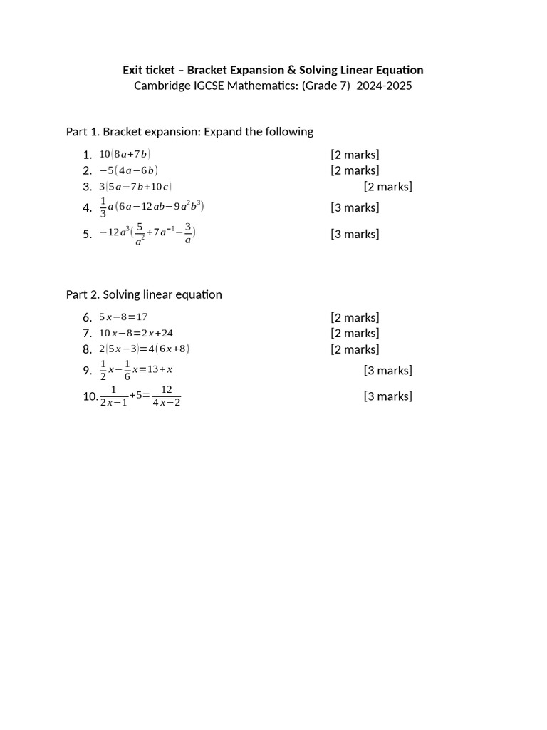 Exit Ticket Bracket Expansion and Linear Equation | PDF