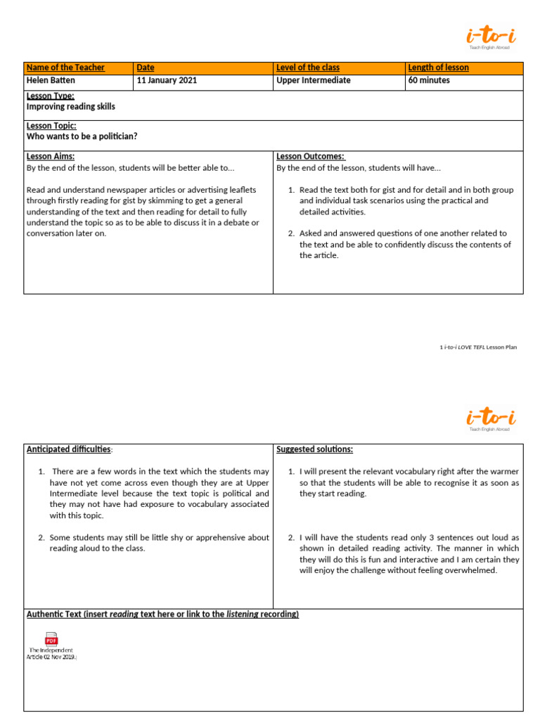Upper Intermediate Reading Lesson Plan | PDF | Vocabulary | Lesson Plan
