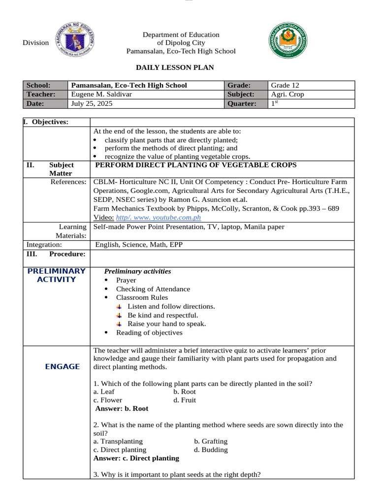 Grade 12 Direct Planting Lesson Plan | PDF | Sowing | Seed