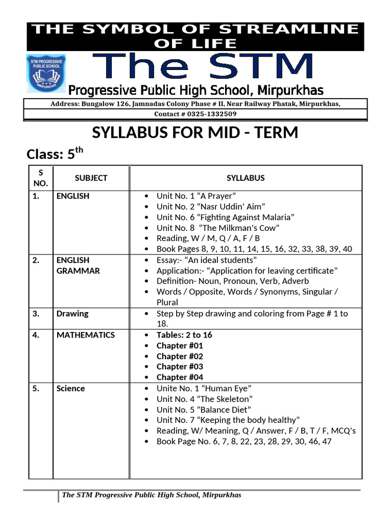 Class 5th Syllabus For MID-Term | PDF