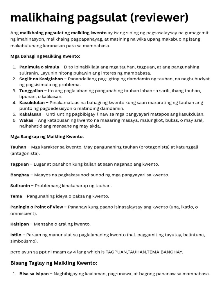 Malikhaing Pagsulat (Reviewer) | PDF