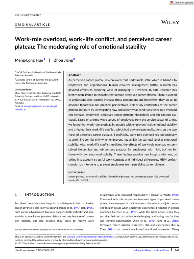 Human Resource Management - 2023 - Huo - Work‐Role Overload Work Life ...