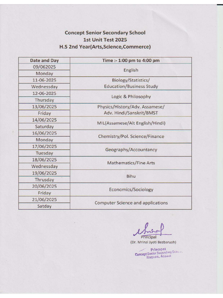 Revised Routine For HS 2nd Year 1st Unit Test 2025 | PDF
