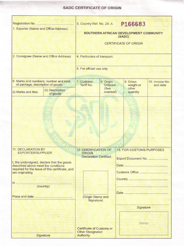 SADC - FORM - Certificate of Origin - Sample 21 - 699943 | PDF