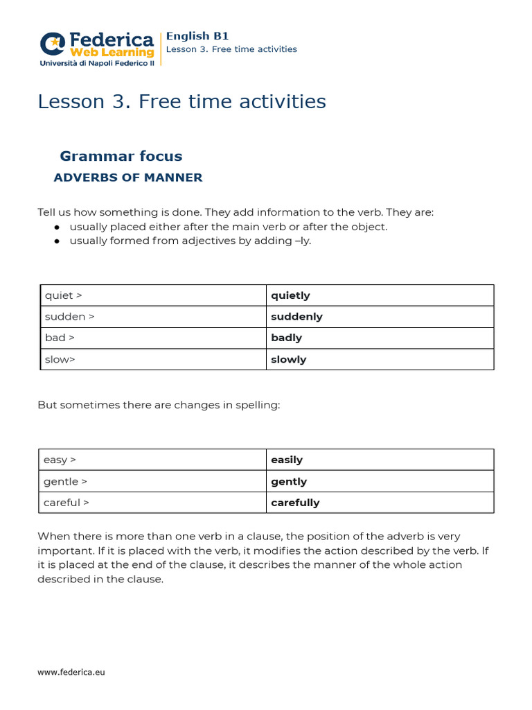 Adverbs of Manner in Free Time Activities | PDF