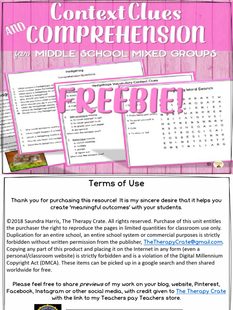 Context Cluesand Comprehensionfor Middle School Mixed Groups Freebie ...