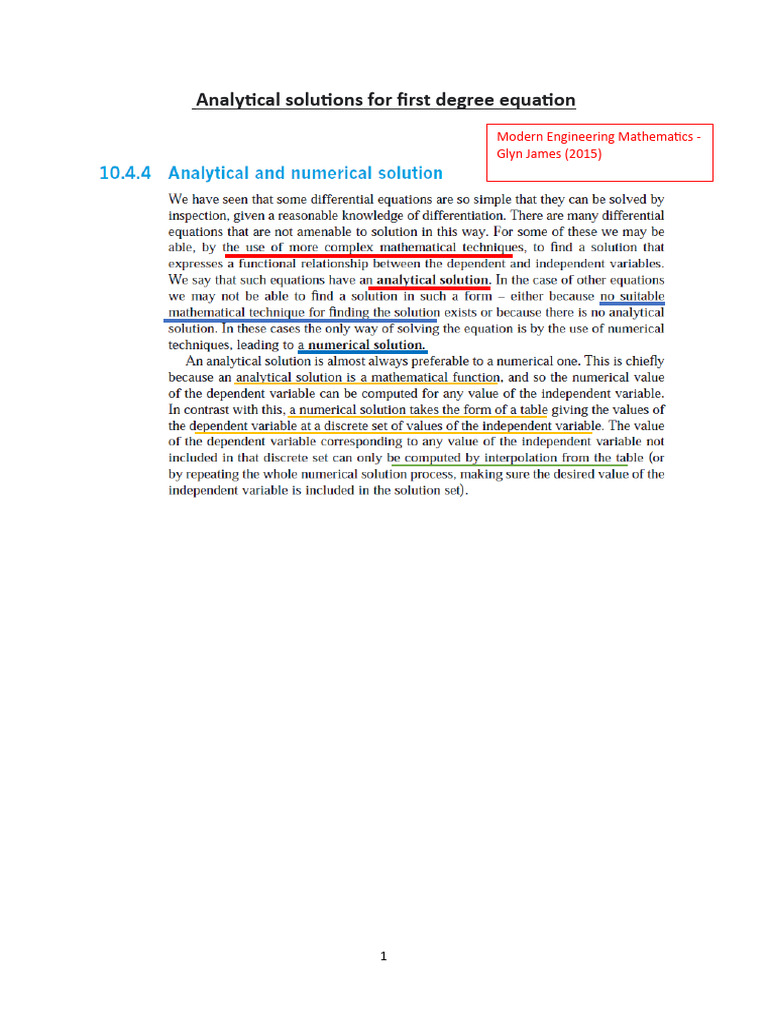 2 Analytical Solutions For First Degree Equation | PDF