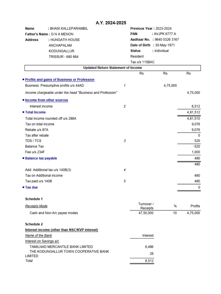 Itr Computation Ay 2024-25 Bhasi Kalleparambil | PDF | Taxes | Payments