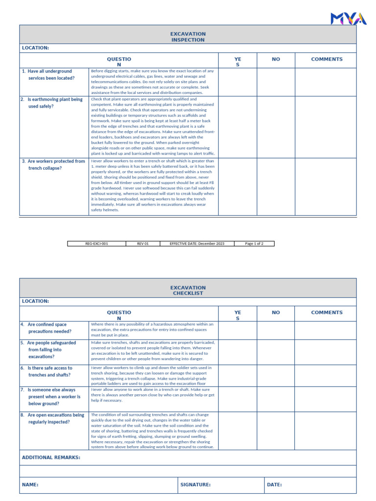 Excavation Safety Checklist | PDF | Trench
