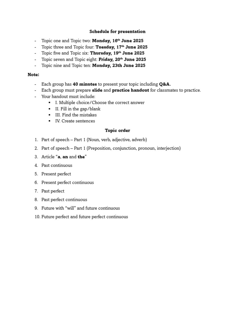 Presentation Schedule June 2025 | PDF