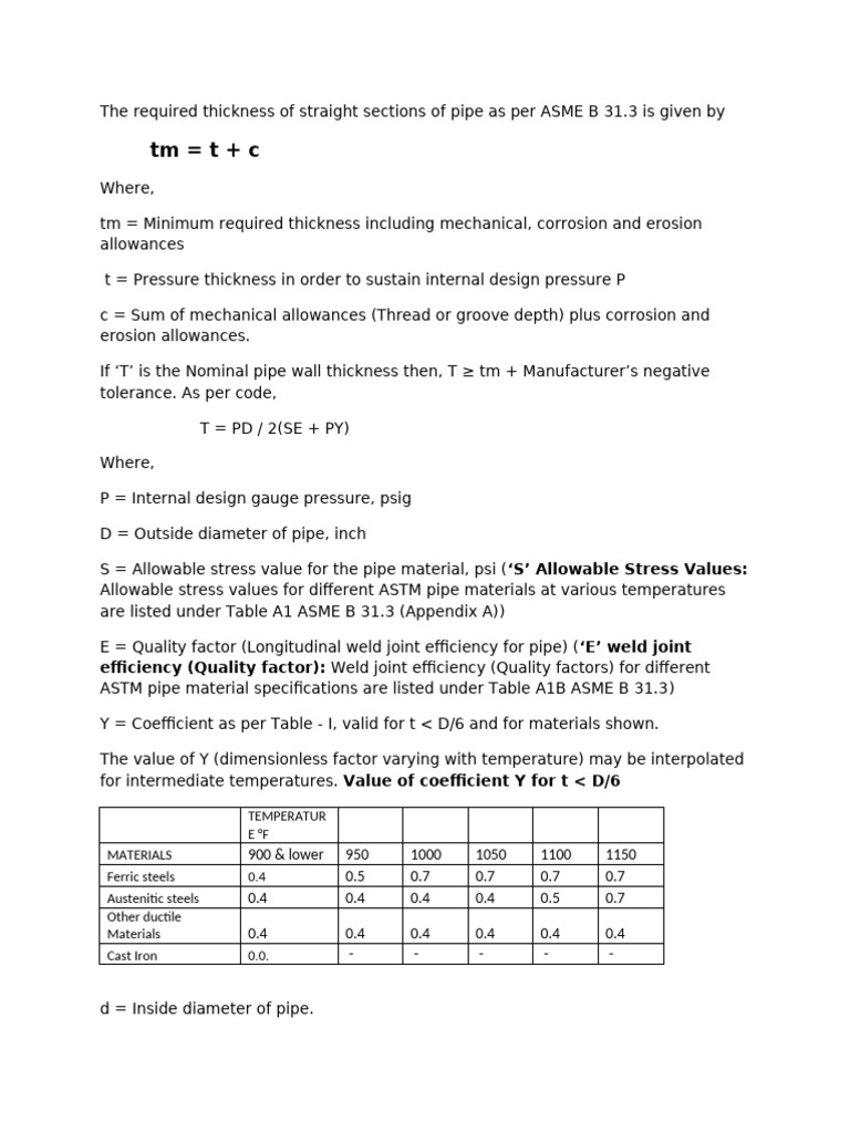Thickness Calculation For Pipes As Per ASME | PDF | Pipe (Fluid Conveyance) | Pressure