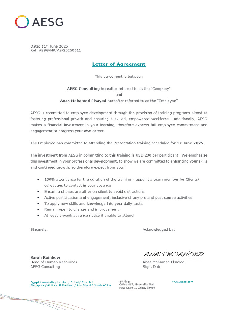 20250611 Letter of Agreement - Anas Mohamed Elsayed (Presentation Training)- EGY | PDF